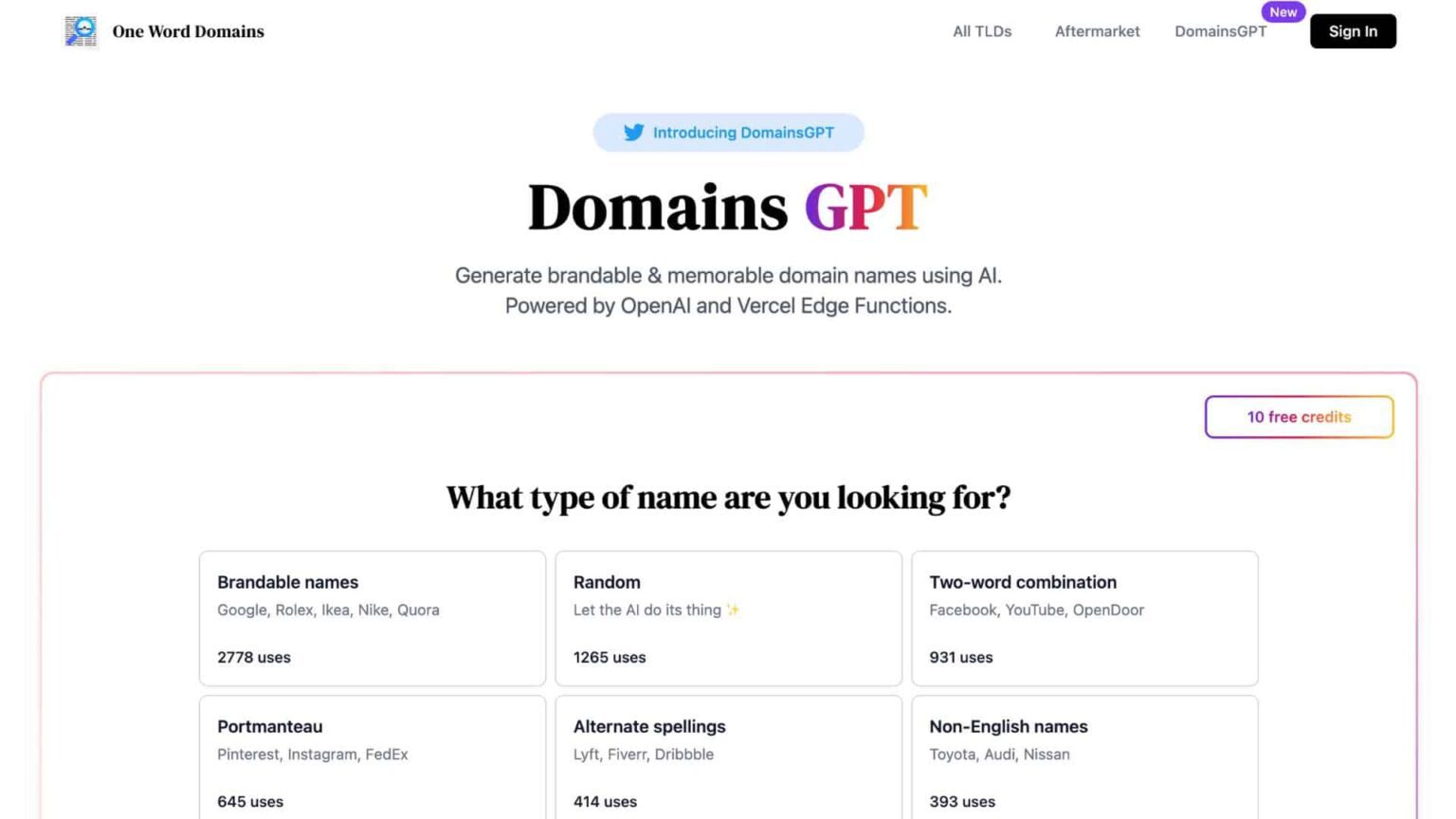 AI Generated Domain Names - Domains GPT - Full Stack AI